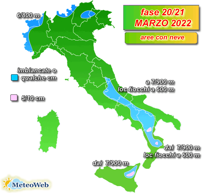 Previsioni Meteo: fase più fredda tra 20 e 21 marzo, deboli nevicate su alcune aree